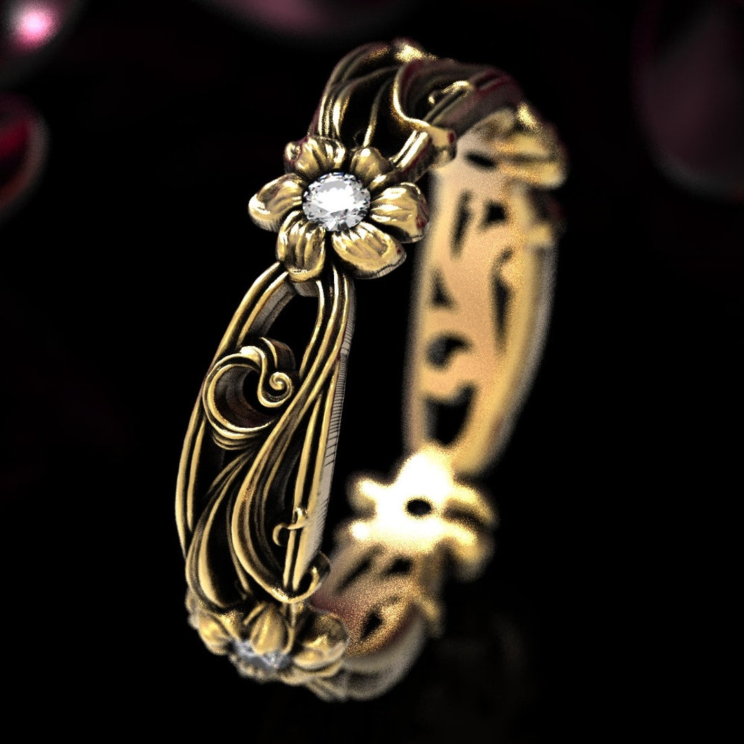 Gold Flower Ring, Gold & Moissanite Ring, Gold Floral Wedding Ring ...