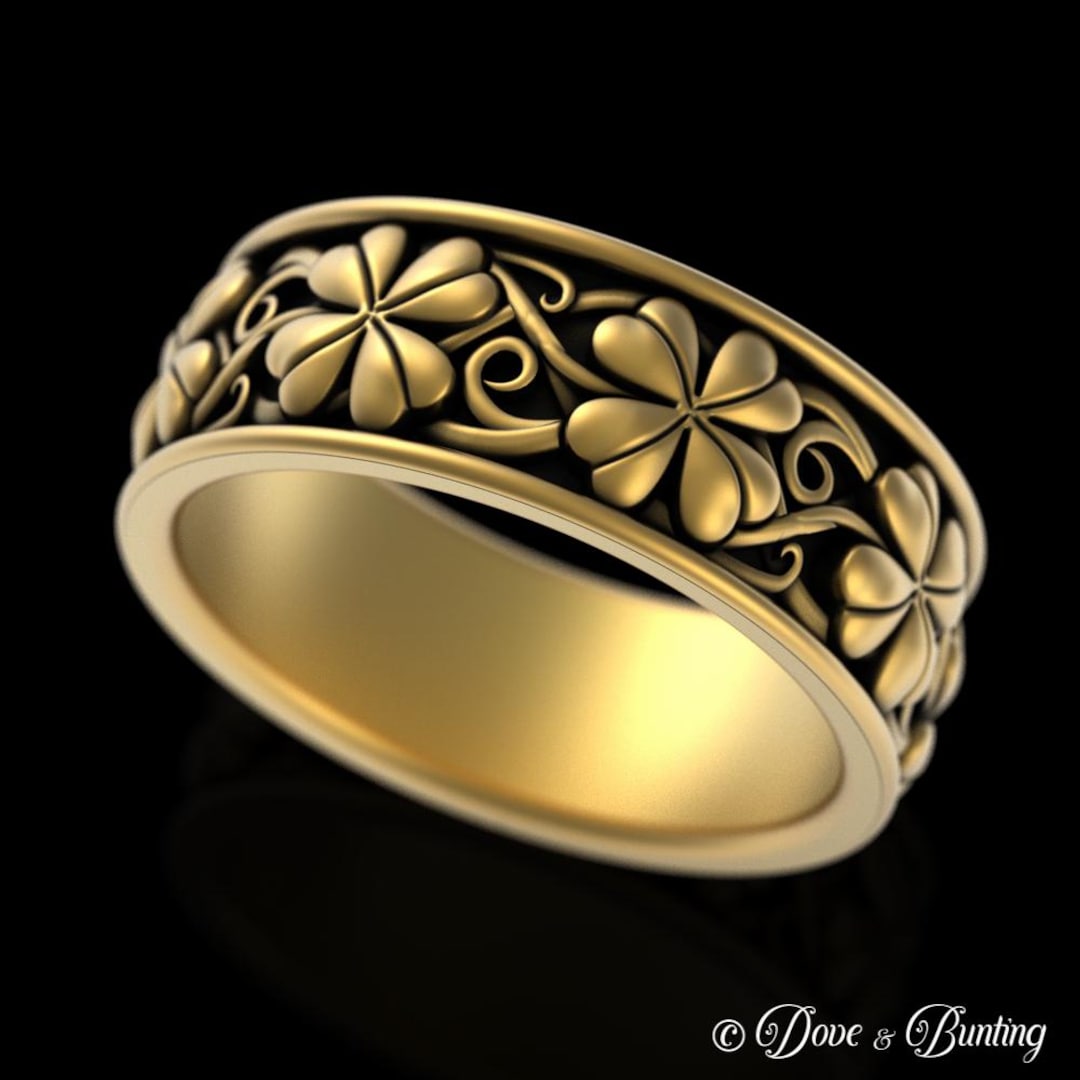 Mens Style Gold Four Leaf Clover Ring, 10K 14K Shamrock Groom Ring ...