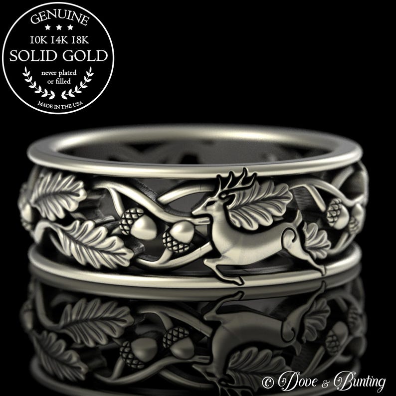14K Gold Men's Stag Heraldry Ring, Platinum Hunting Wedding Band, 10K ...