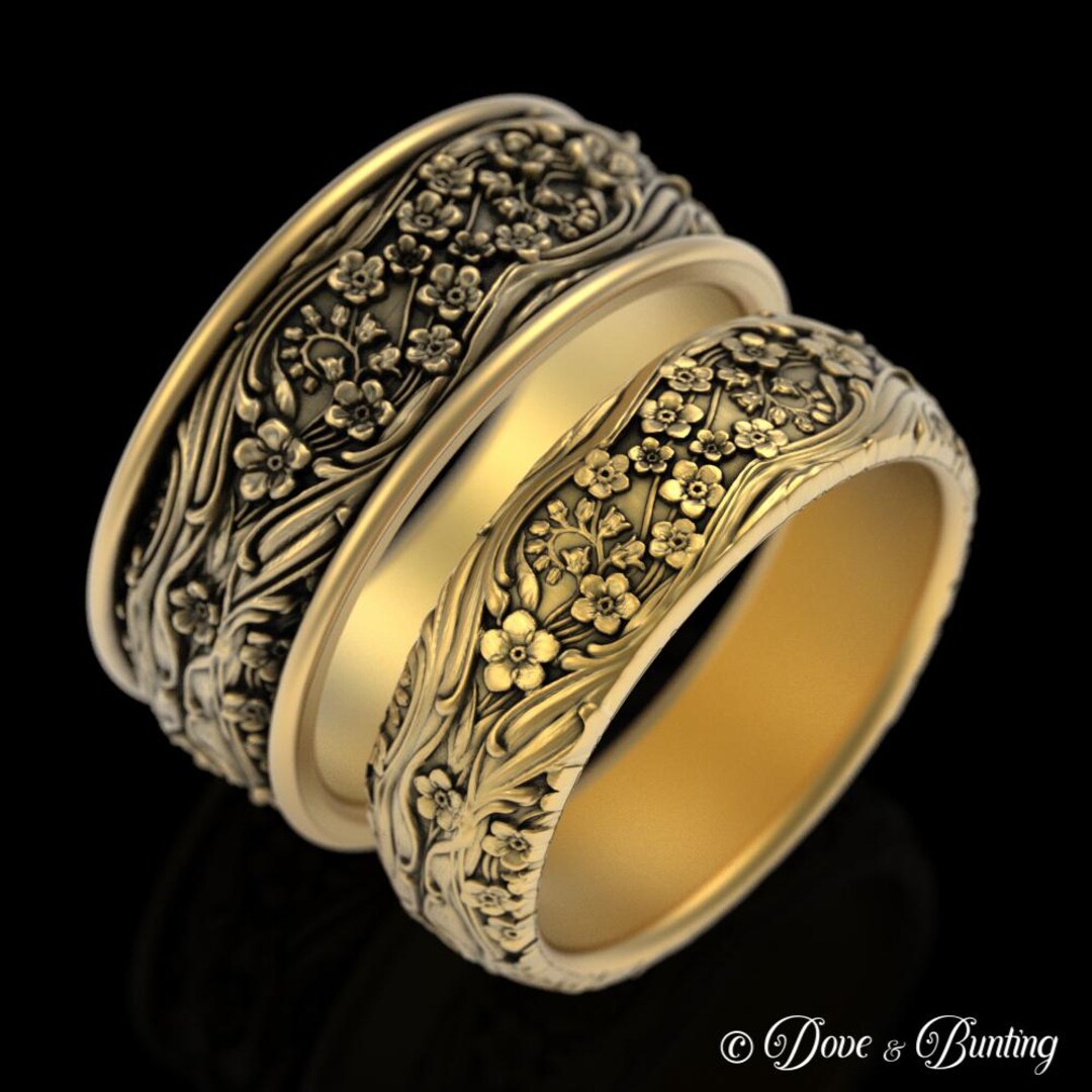 Gold Matching Forget-me-not Wedding Ring, His Hers 10K 14K Art Nouveau ...