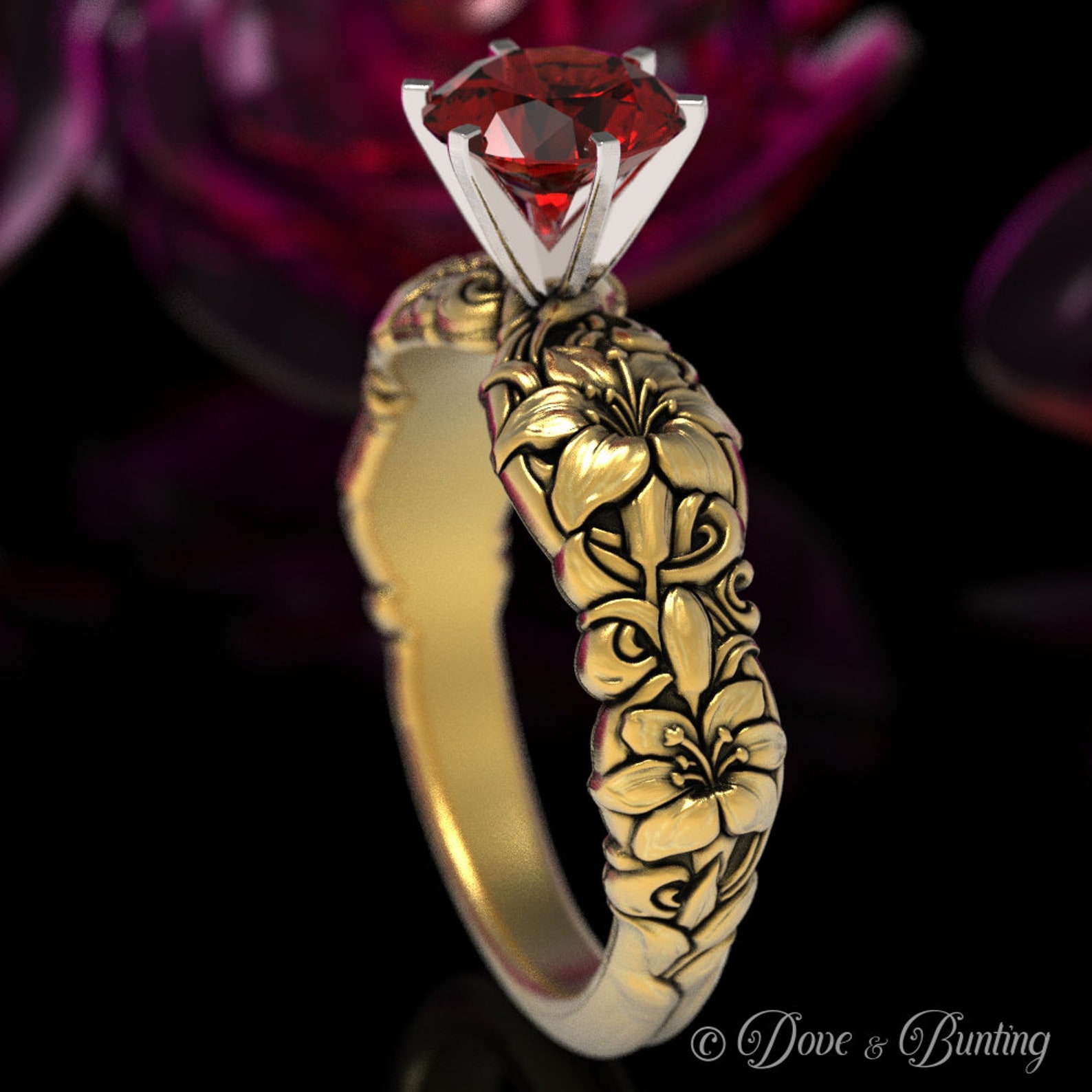 10K Ruby Lily Ring 14K Gold Floral Engagement Ruby Flower - Etsy