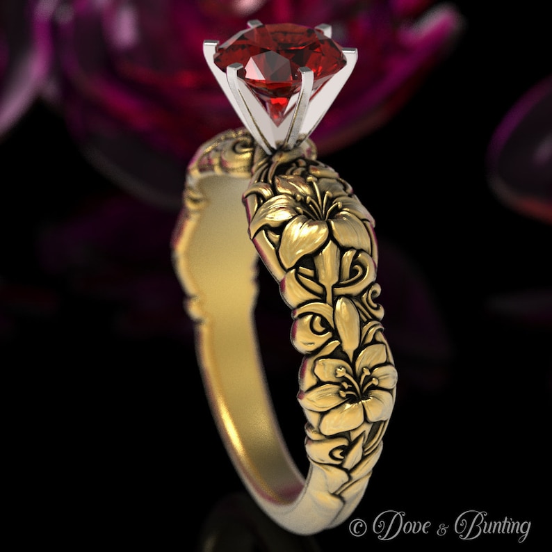 10K Ruby Lily Ring 14K Gold Floral Engagement Ruby Flower - Etsy