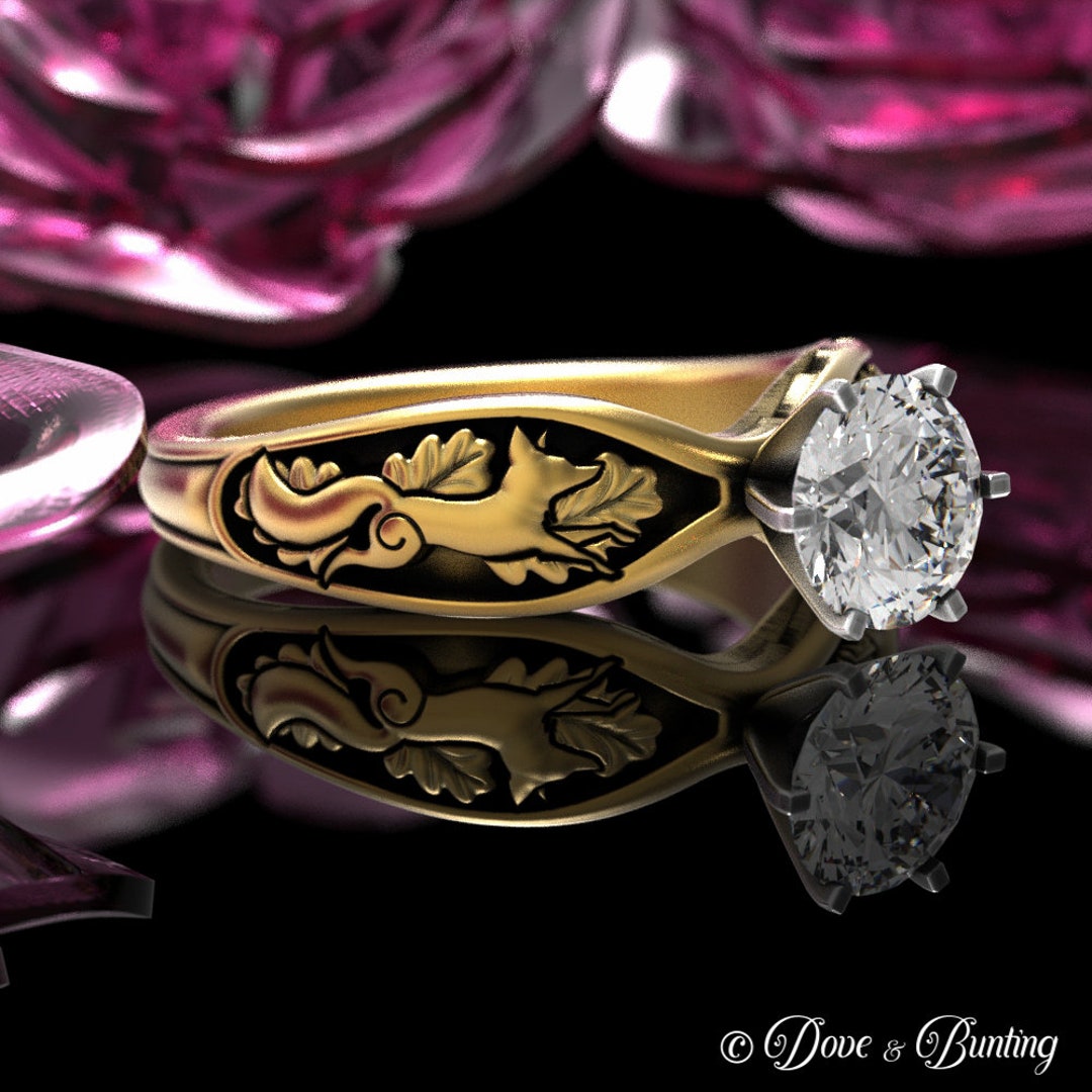 Gold & Moissanite Fox Engagement Ring, 10K Forest Solitaire Wedding ...
