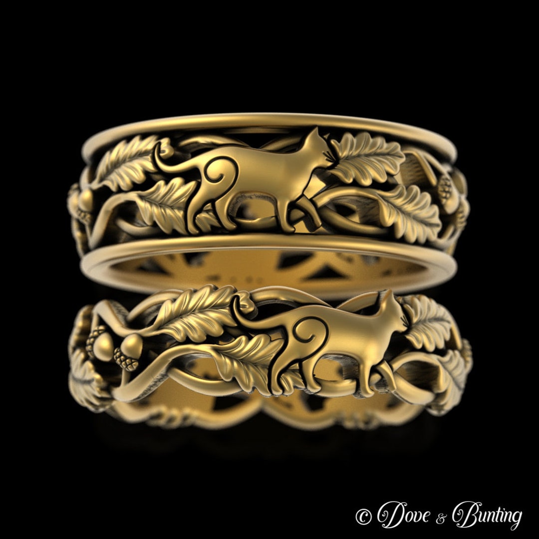 Gold Matching Bride Groom Cat Wedding Ring Set, 10K 14K White Gold His ...