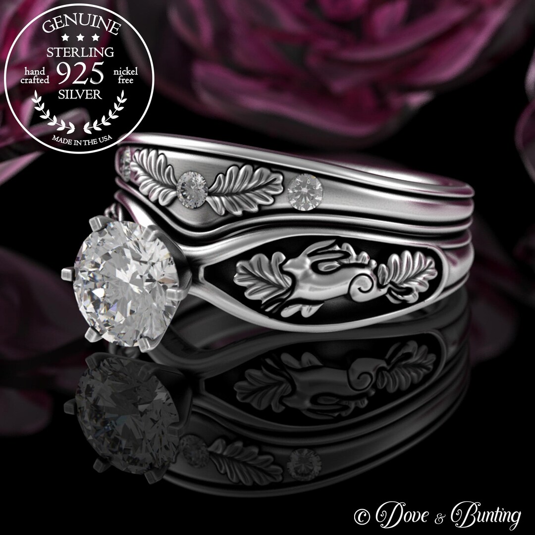 Bunny Stacking Solitaire Wedding Ring Set, Sterling & Moissanite Rabbit ...