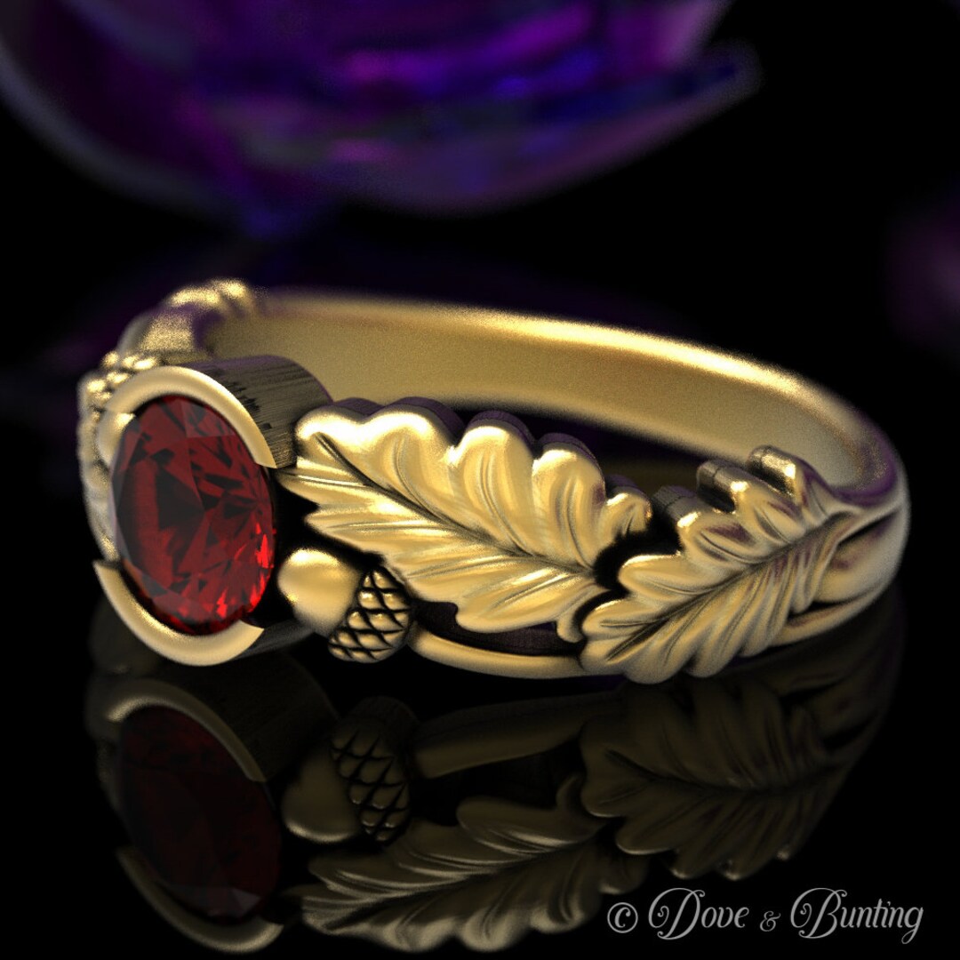 Gold Acorn Ring, Gold Ruby Engagement Ring, Nature Engagement Ring ...