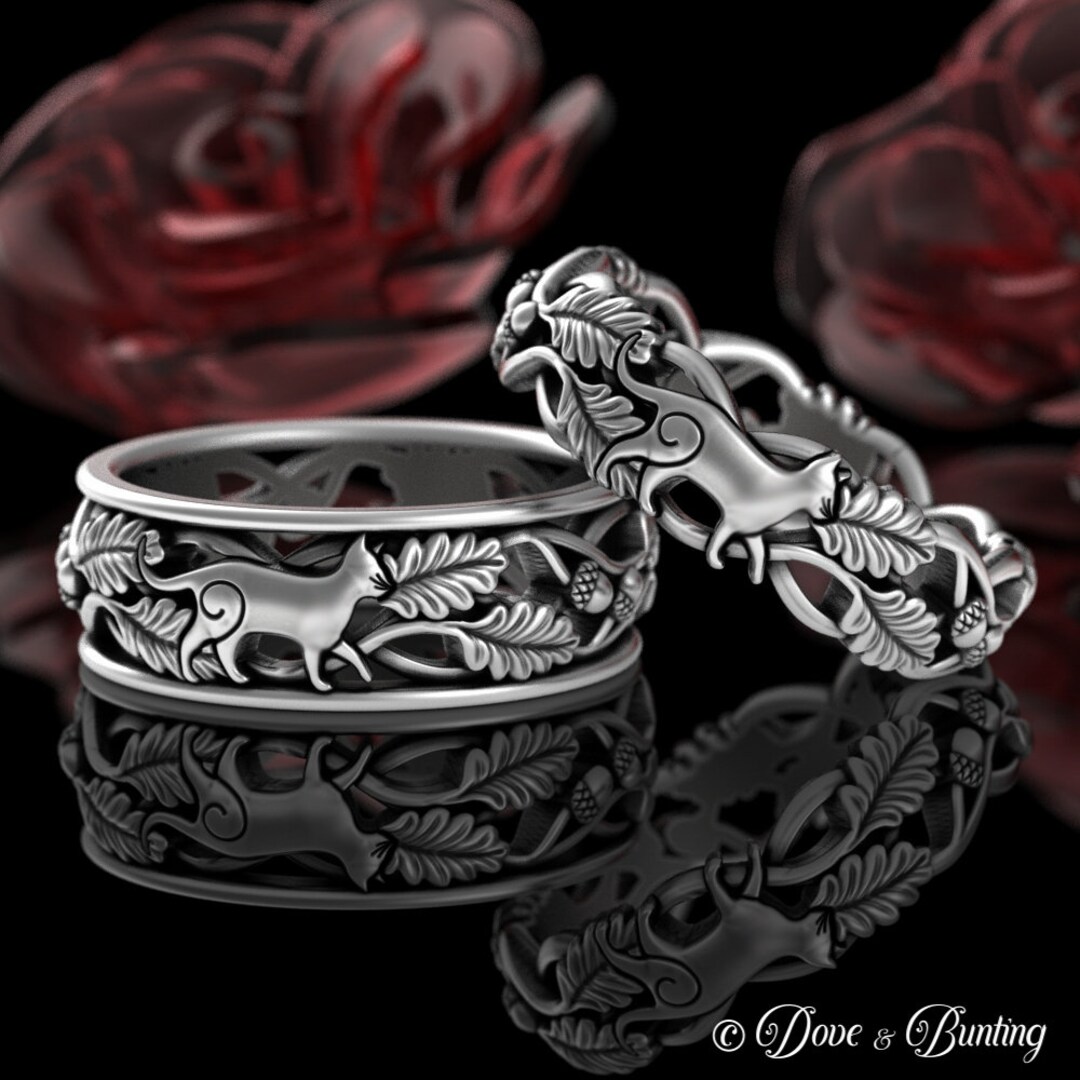 Matching Bride Groom Cat Wedding Ring Set, Sterling His Hers Feline Cat ...
