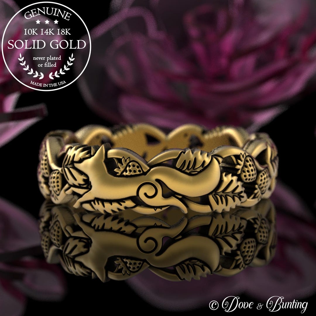 10K Gold Fox & Strawberries Ring, White Gold Kitsune Ring, 18K Berry Botanical Wedding Band ...