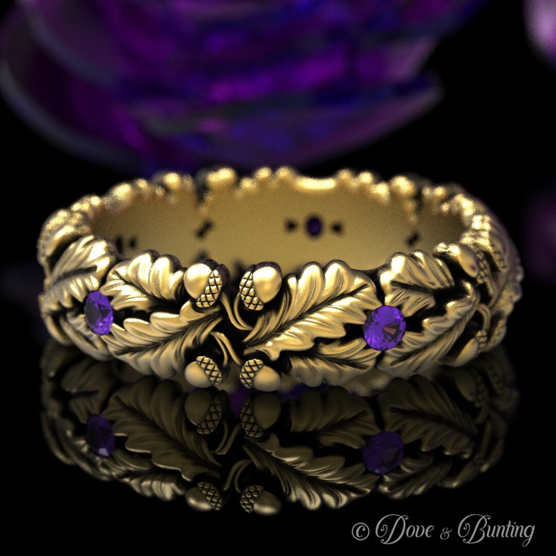 Nature Oak Ring, Gold Amethyst Ring, White Gold Art Nouveau Ring, Oak ...