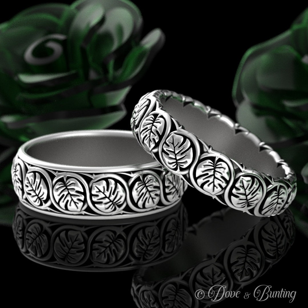 Monstera Matching Wedding Rings, Sterling Silver Monstera Ring Set ...