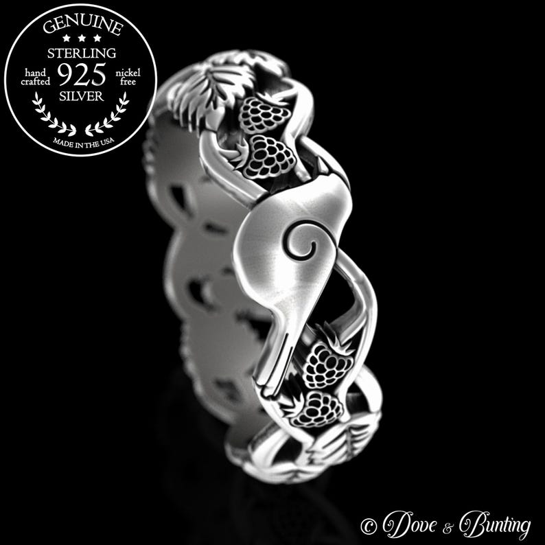 Botanical Bird & Berries Ring, Sterling Blackberries Sparrow Ring ...