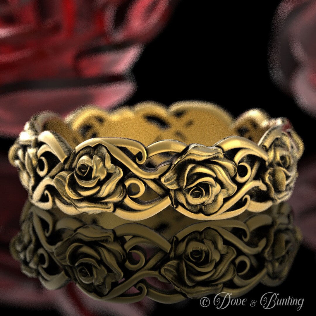 Gold Rose Wedding Band, 10K Rose Flower Wedding Ring, 14K Womens Rose ...