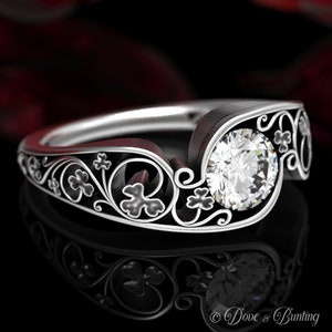 Moissanite Clover Engagement Ring, Silver Art Nouveau Wedding Ring ...