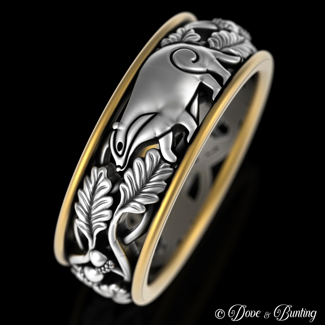 10K Gold & Sterling Badger Ring, Men's European Badger Wedding Band ...