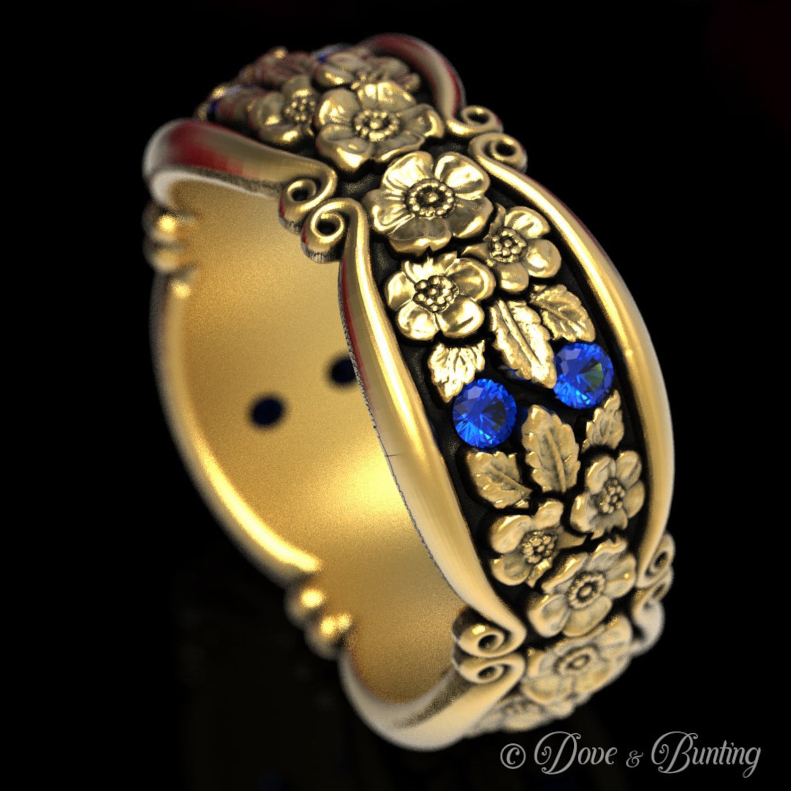Forget-me-not Wedding Band With Sapphires, Gold Flower Ring, Flower ...