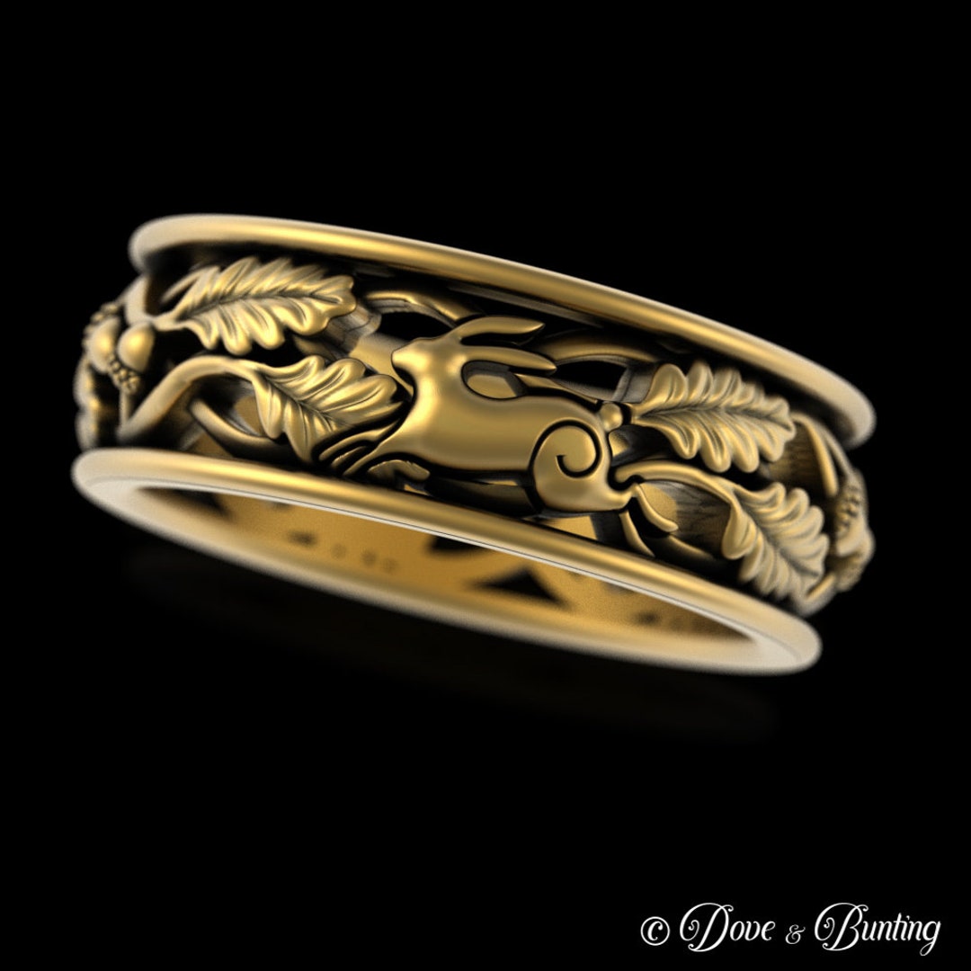 Gold Leaping Rabbit Wedding Band, 10K 14K Year of the Rabbit Ring, Mens ...