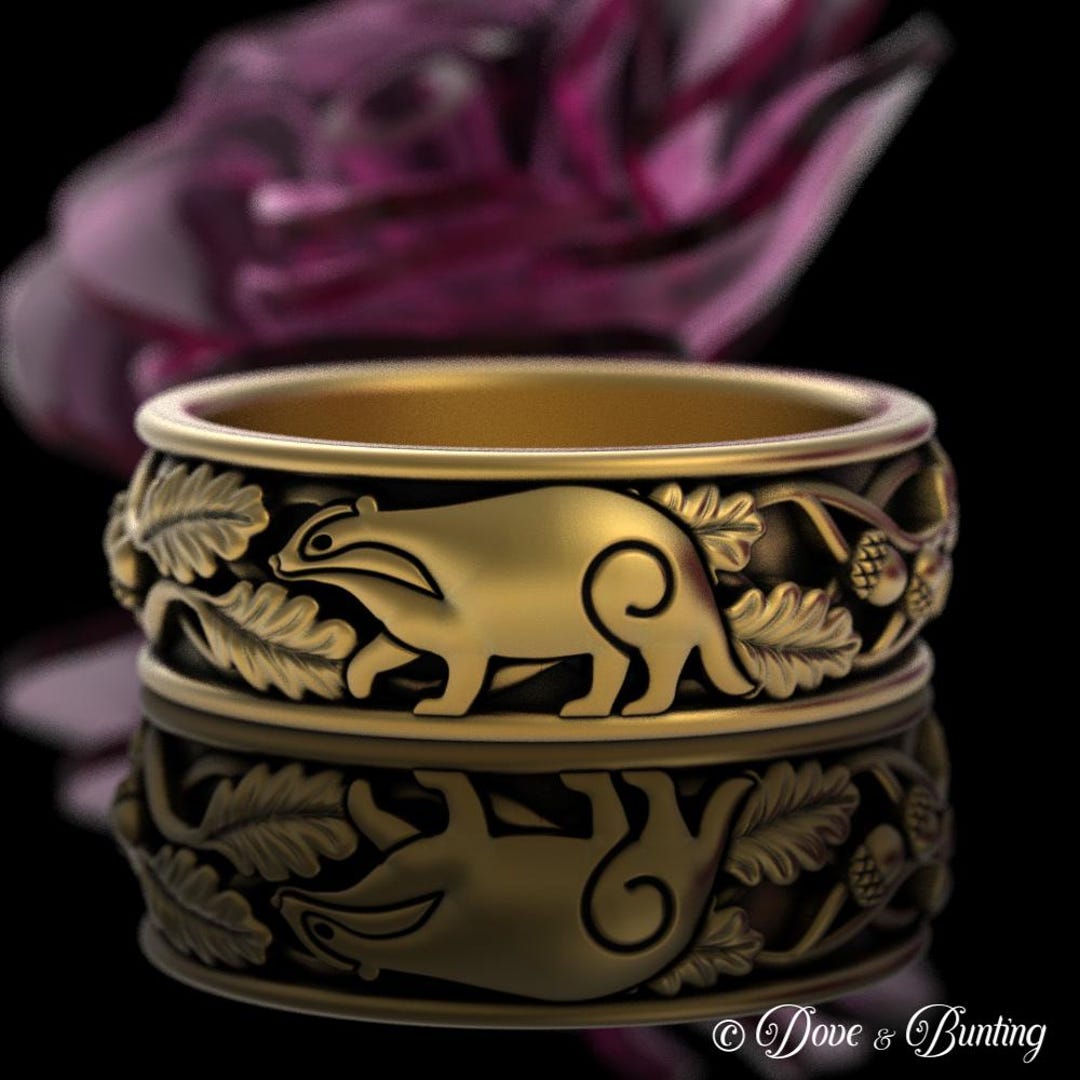 Groom's Gold Badger Wedding Band, 10K 14K Gold Mens Badger Spirit ...