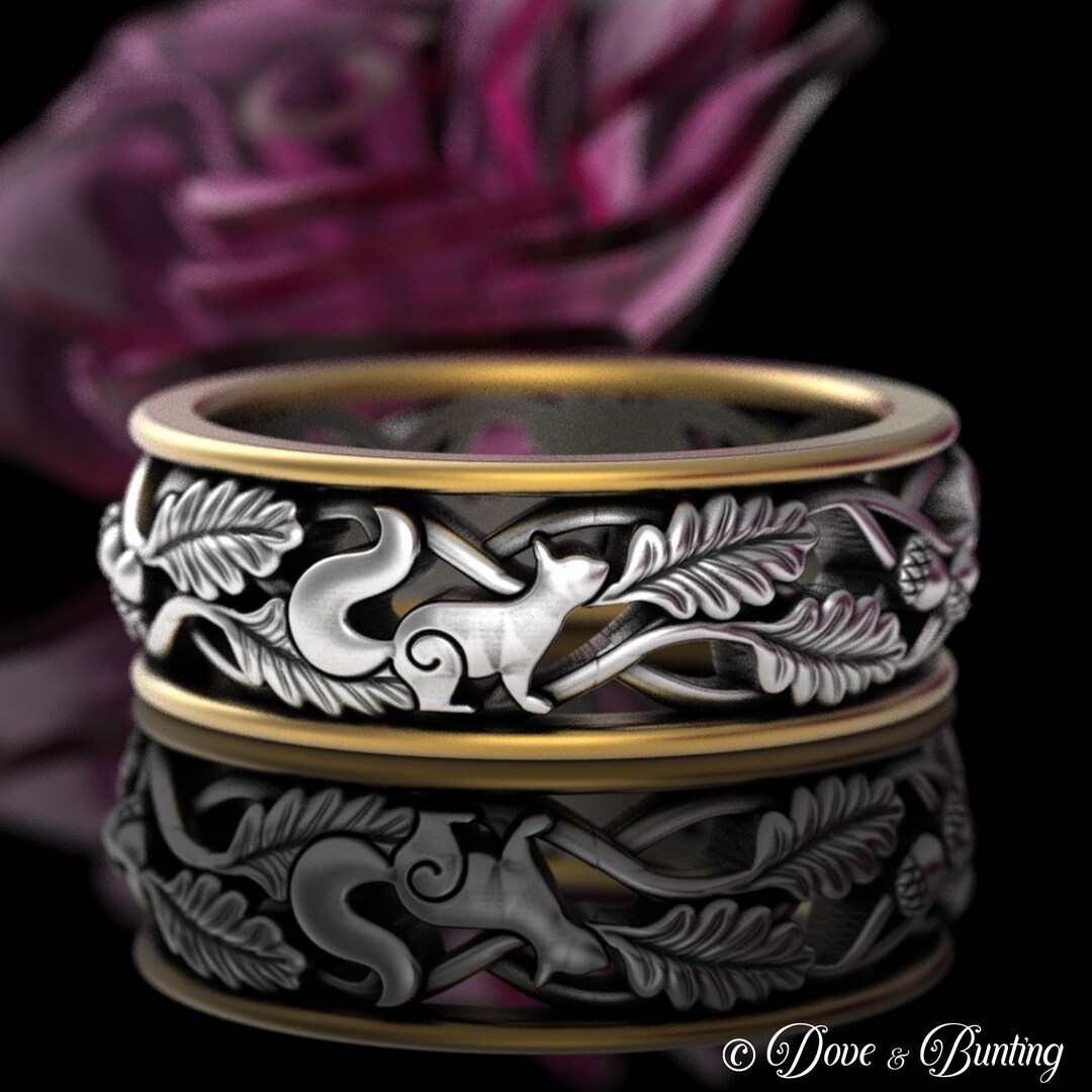 2-tone Squirrel Wedding Band, Sterling & 10K Gold Groom Nature Ring ...
