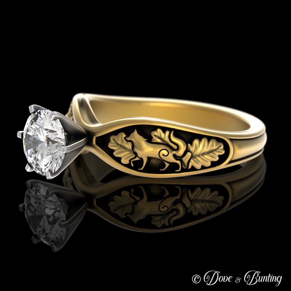 10K Gold Wolves Solitaire Ring, 1 Carat Moissanite Wolf Forest Wedding ...