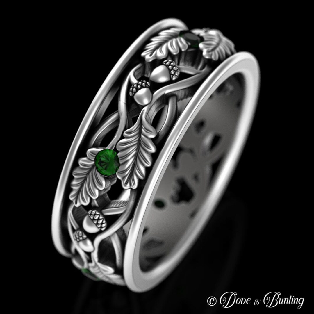 Emerald Forest Oak Ring, Sterling Men Nature Wedding Band, Silver ...