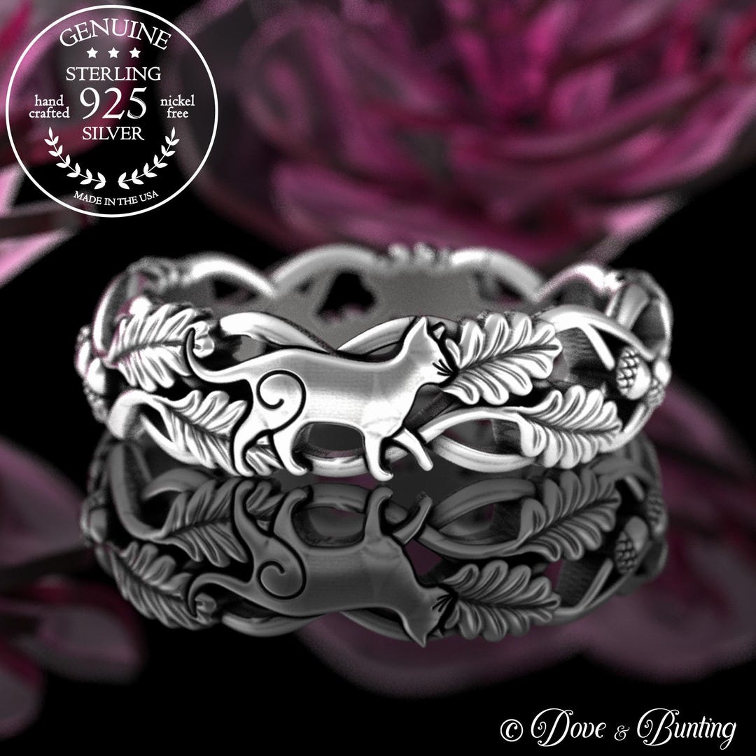 Sterling Cat & Oak Leaf Ring, Silver Kitten Forest Wedding Band, Kitty ...