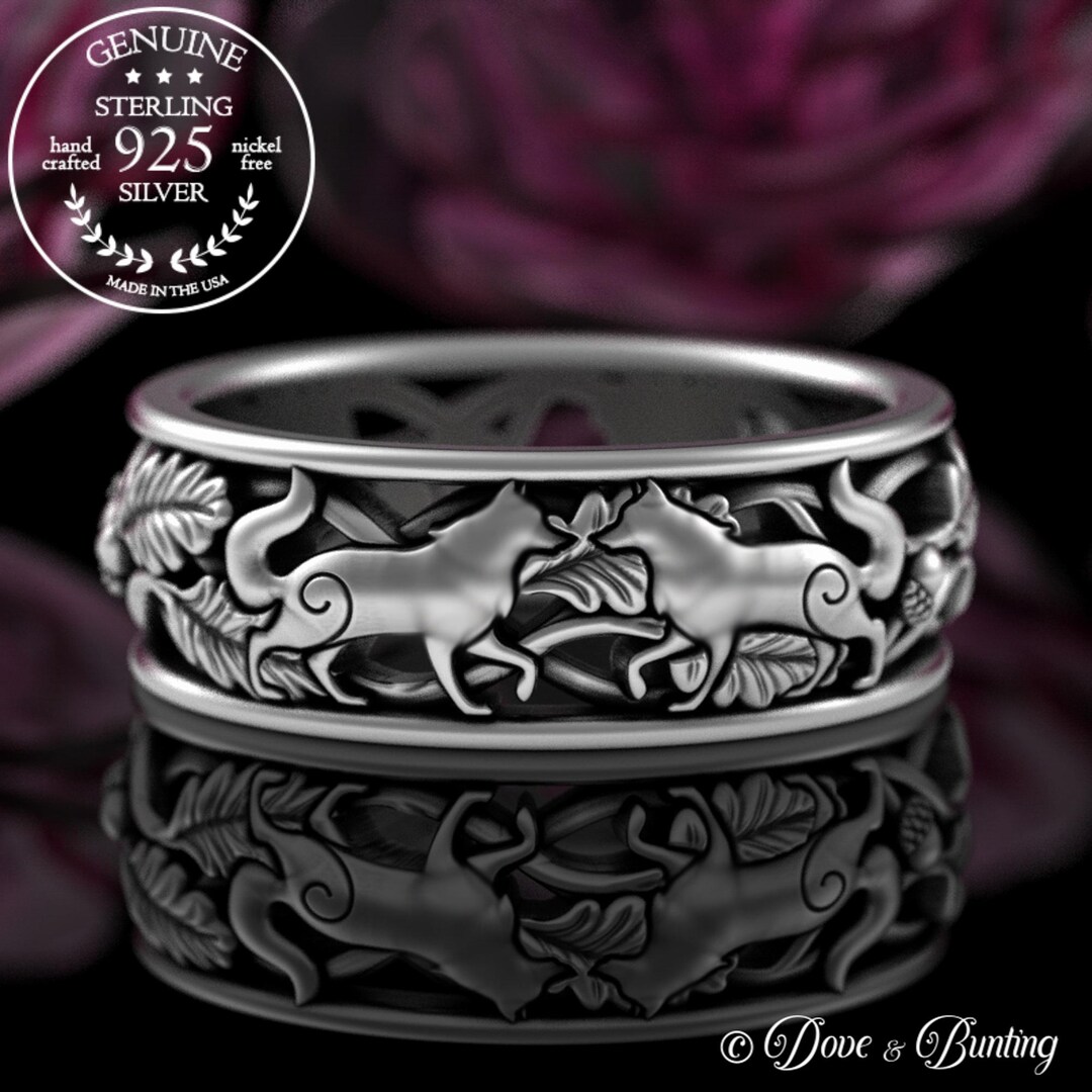 Groom Soulmate Wolves Forest Wedding Band, Sterling Men Wolf Wedding ...