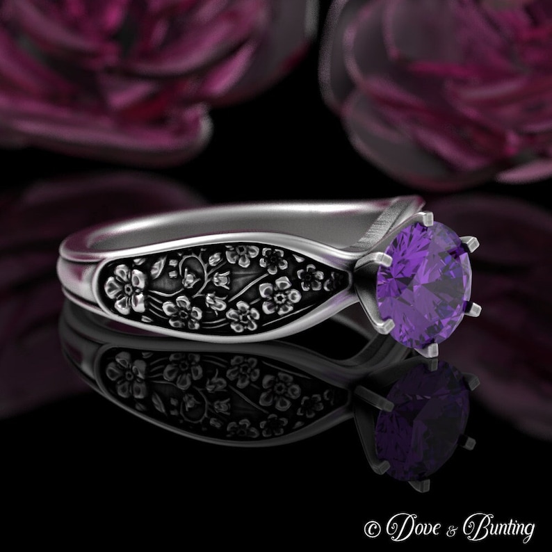 Amethyst Forget-me-not Engagement Ring, Bridal Flower Wedding Ring ...