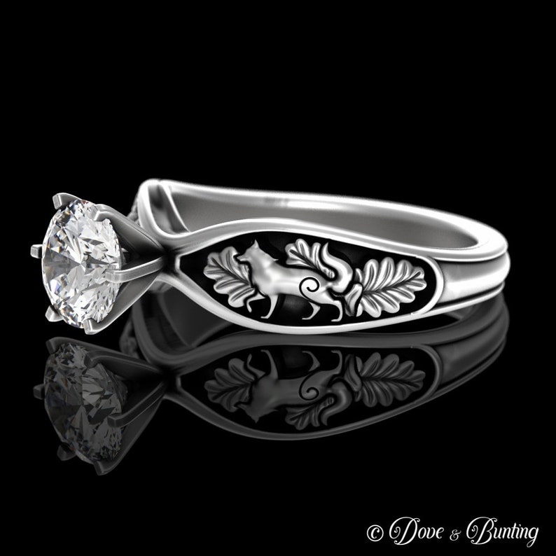 10K Gold Wolves Solitaire Ring, 1 Carat Moissanite Wolf Forest Wedding ...