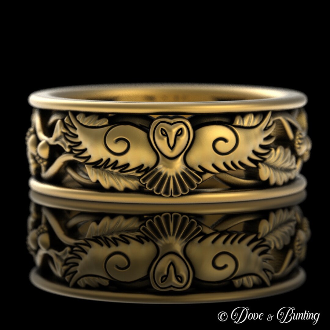 10K Gold Groom Owl Wedding Ring, 14K White Gold Mens Forest Wedding ...