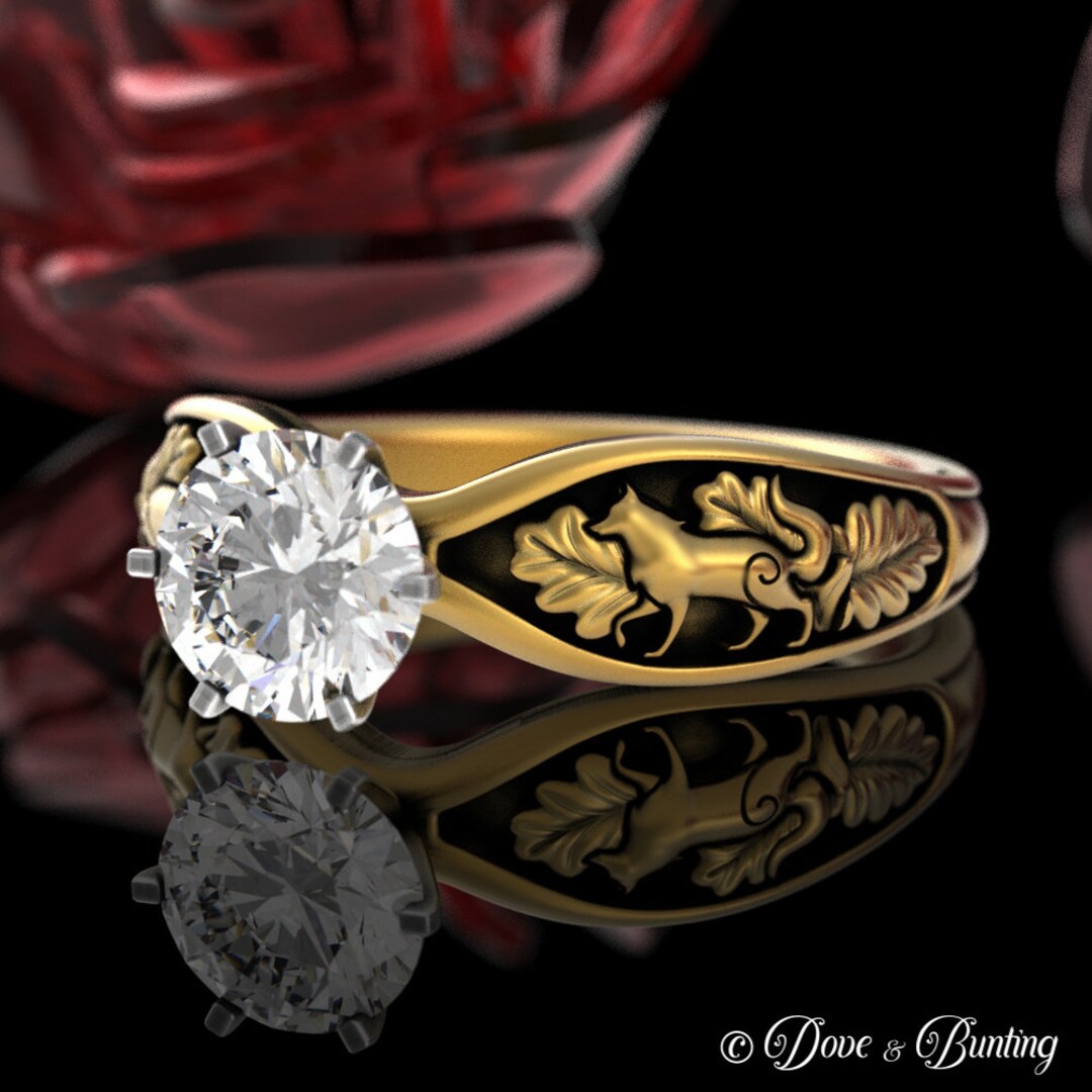 10K Gold Wolves Solitaire Ring, 1 Carat Moissanite Wolf Forest Wedding ...