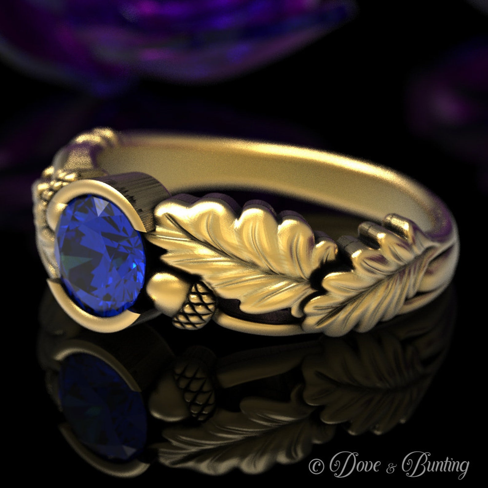 Gold Acorn Ring, Gold Sapphire Engagement Ring, Nature Engagement Ring ...