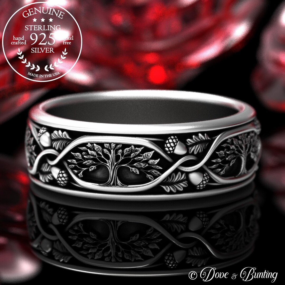 Sterling Tree Ring for Groom, Silver Men's Forest Wedding Band, Acorn ...