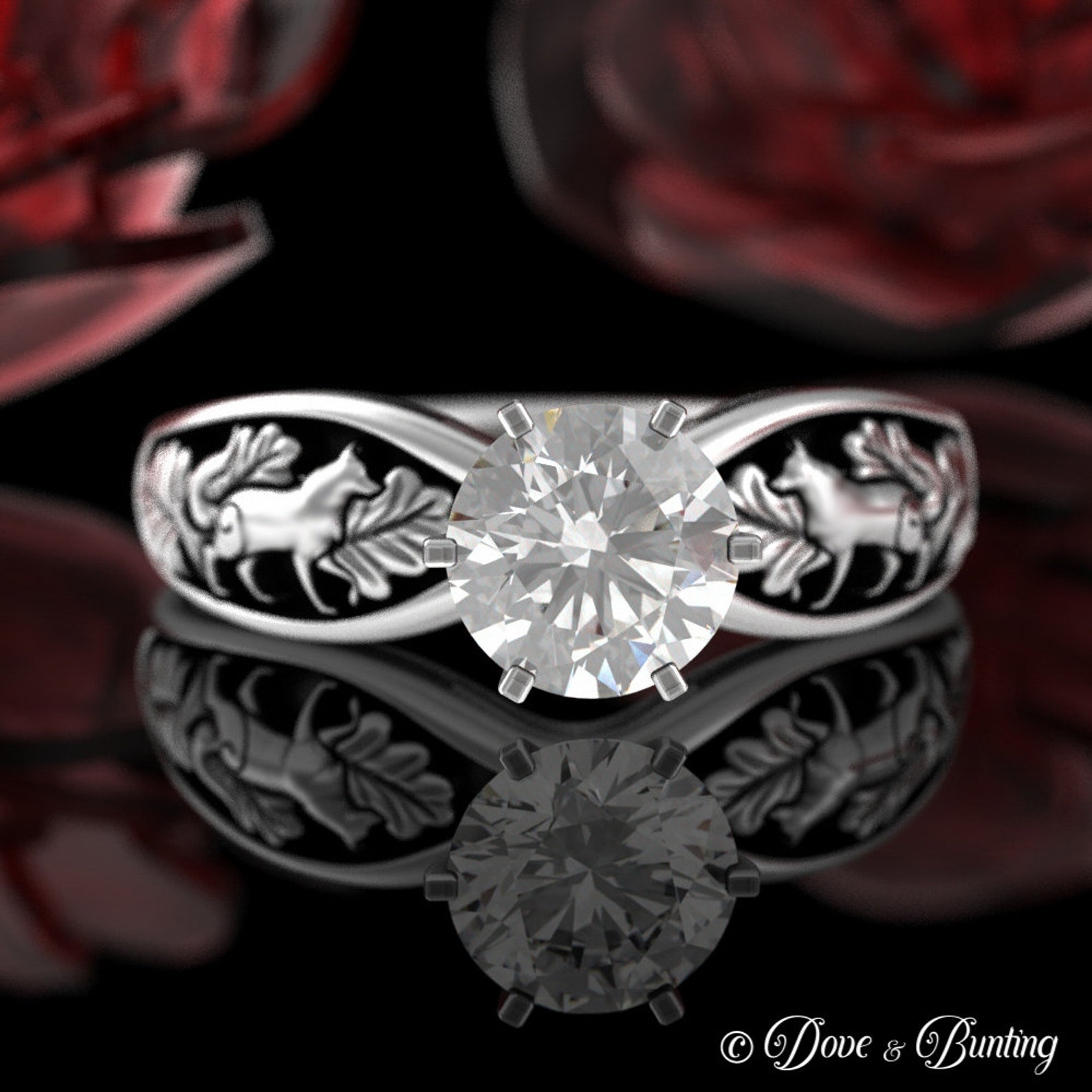 10K Gold Wolves Solitaire Ring, 1 Carat Moissanite Wolf Forest Wedding ...