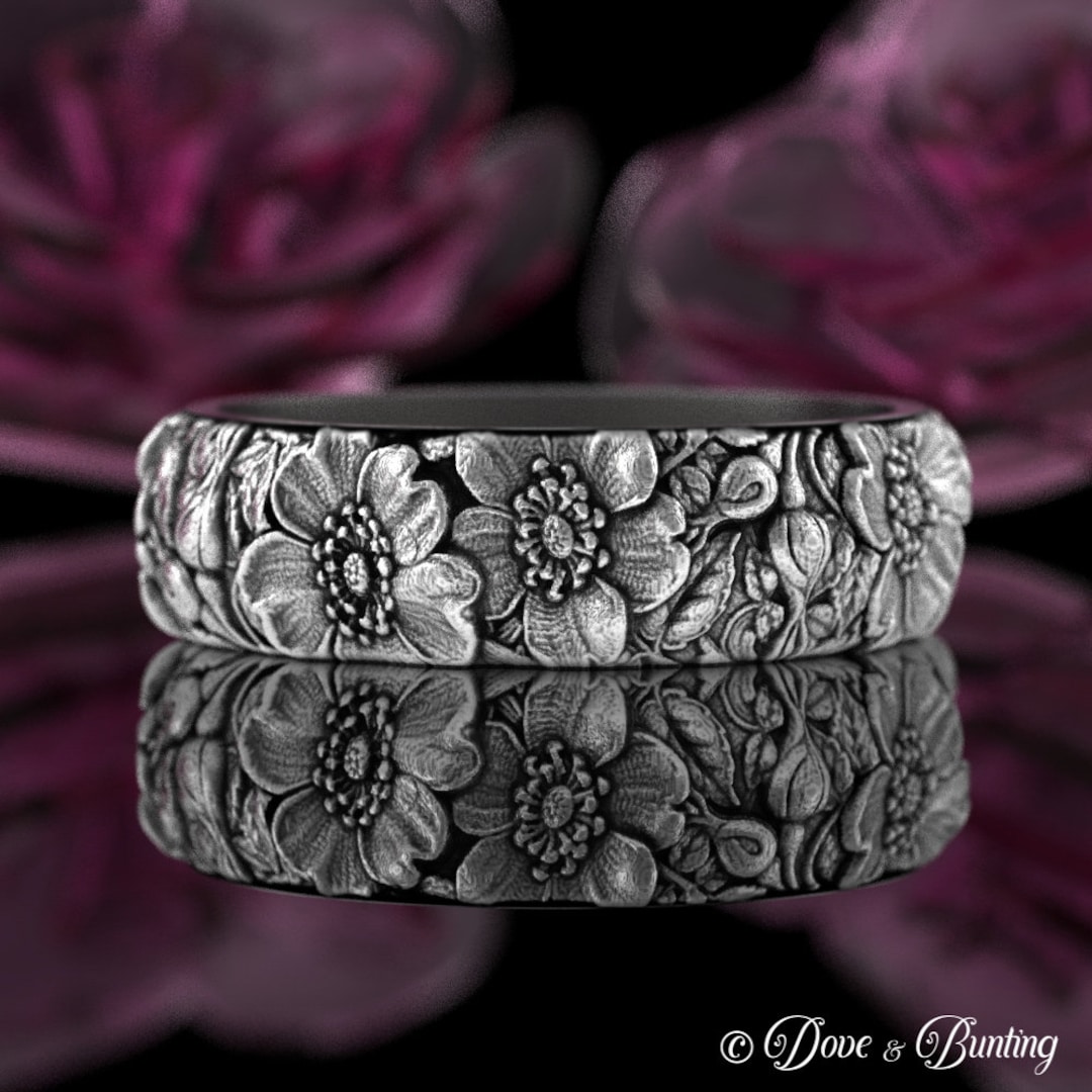 Sterling Wild Roses Ring, Silver Rose Bud Flower Wedding Band, 925 ...
