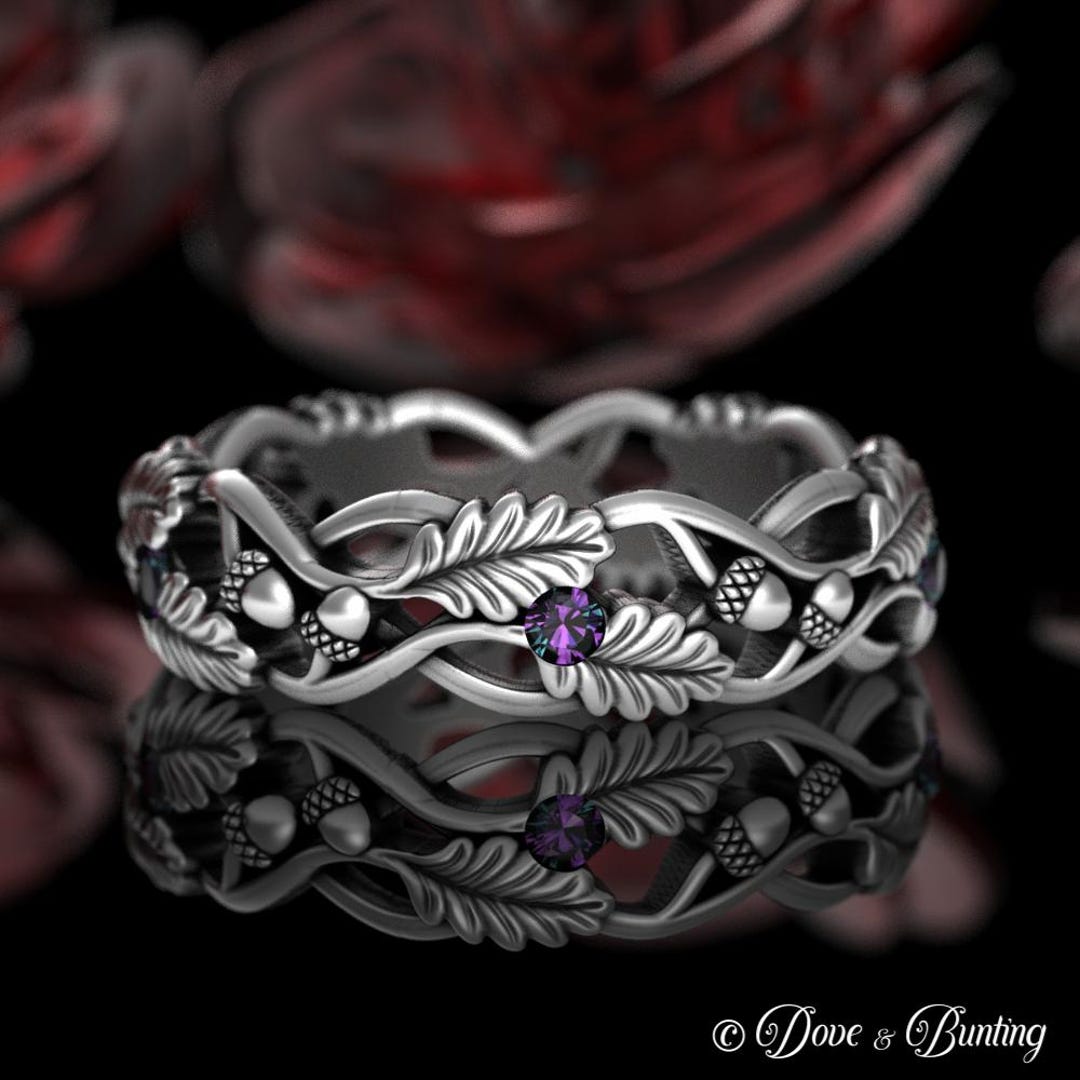Sterling & Alexandrite Forest Wedding Band, Silver Acorn Nature Wedding ...