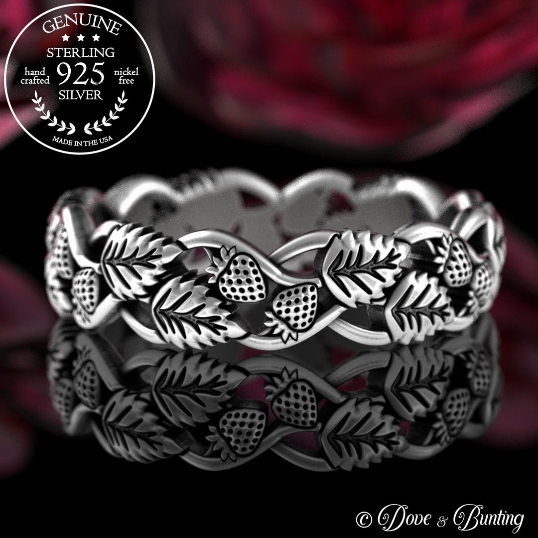 Sterling Strawberry Ring, Sterling Botanical Wedding Ring, Silver Vegan ...