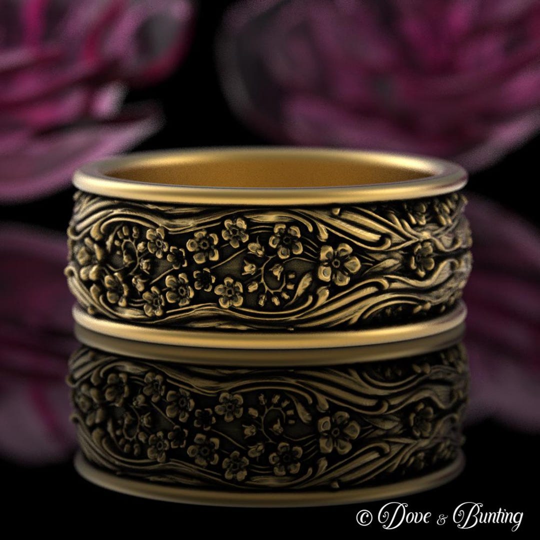 10K Wide Forget Me Not Wedding Band, 14K 18K Gold Wildflowers Ring ...