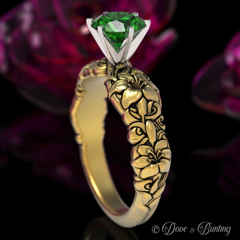 10K Emerald Lily Ring, 14K Gold Floral Engagement, Lily Flower Ring ...