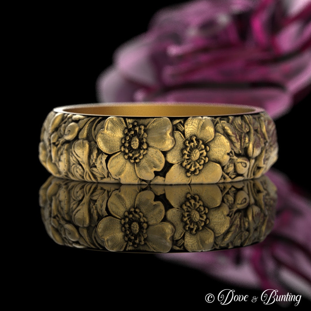 10K Wild Roses Bridal Wedding Band, 14K Gold/ White Gold Floral Rosebud ...