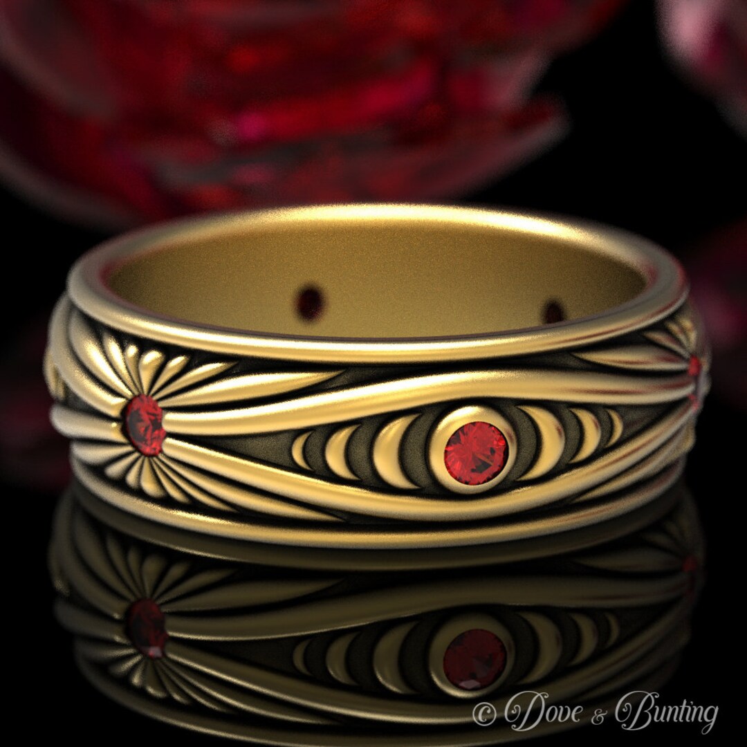 Gold & Ruby Wedding Band, Moon Phase Ring, Gold Men Wedding Ring, Gold Nouveau Wedding Ring ...