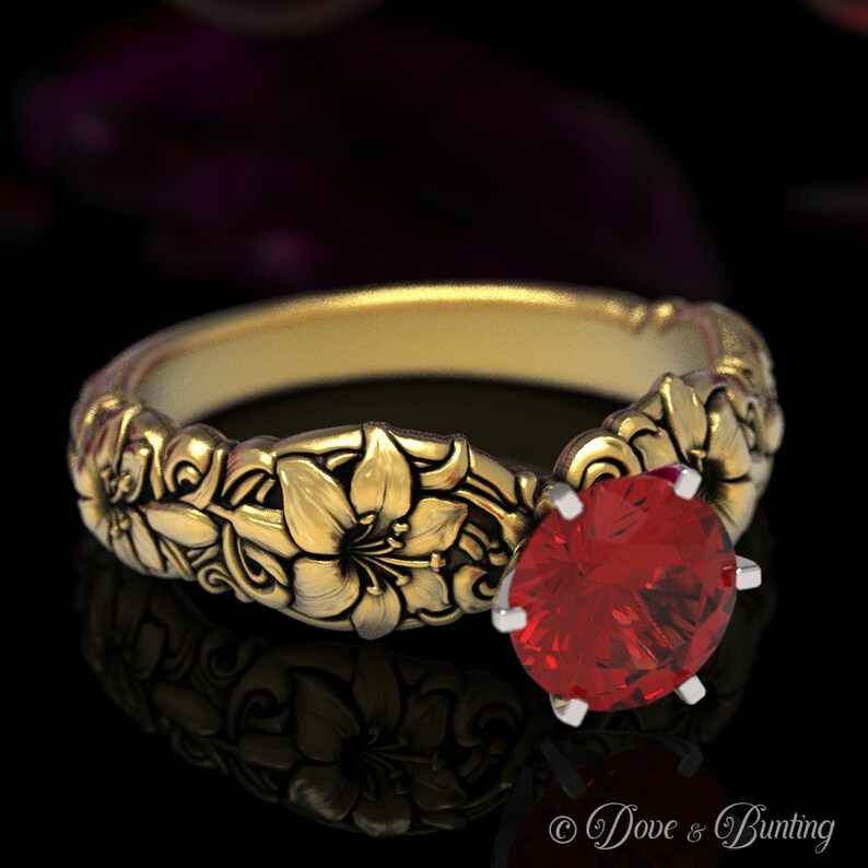 10K Ruby Lily Ring 14K Gold Floral Engagement Ruby Flower - Etsy