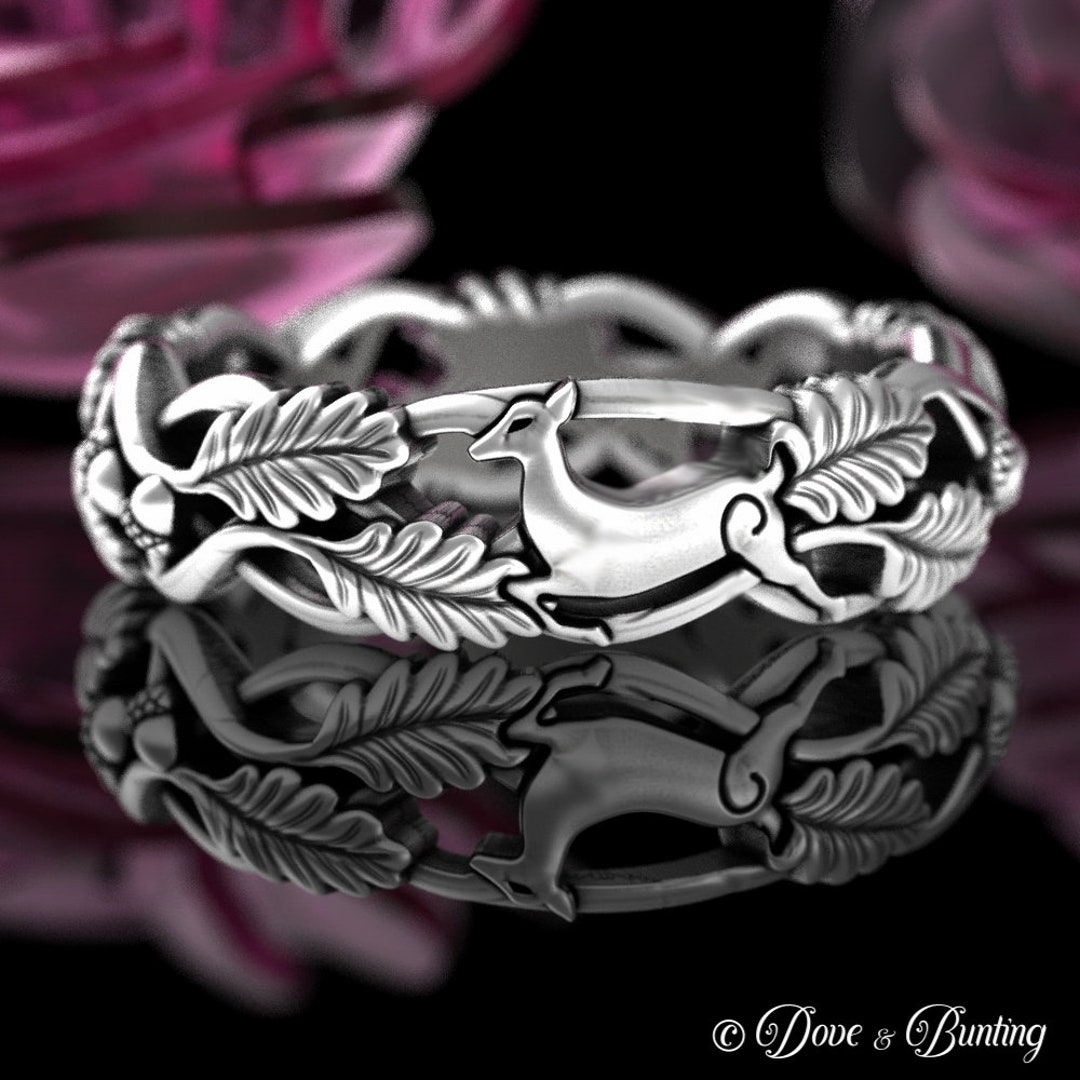 Women Silver Doe Deer Ring, Sterling Oak Leaf Tree Wedding Band, Baby ...