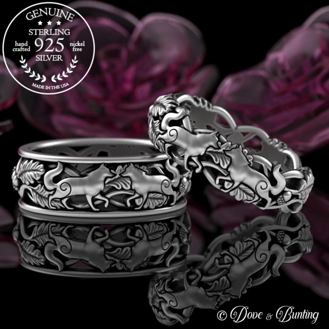 Soulmate Wolves Wedding Band Set, Sterling His Hers Wolf Ring Set ...
