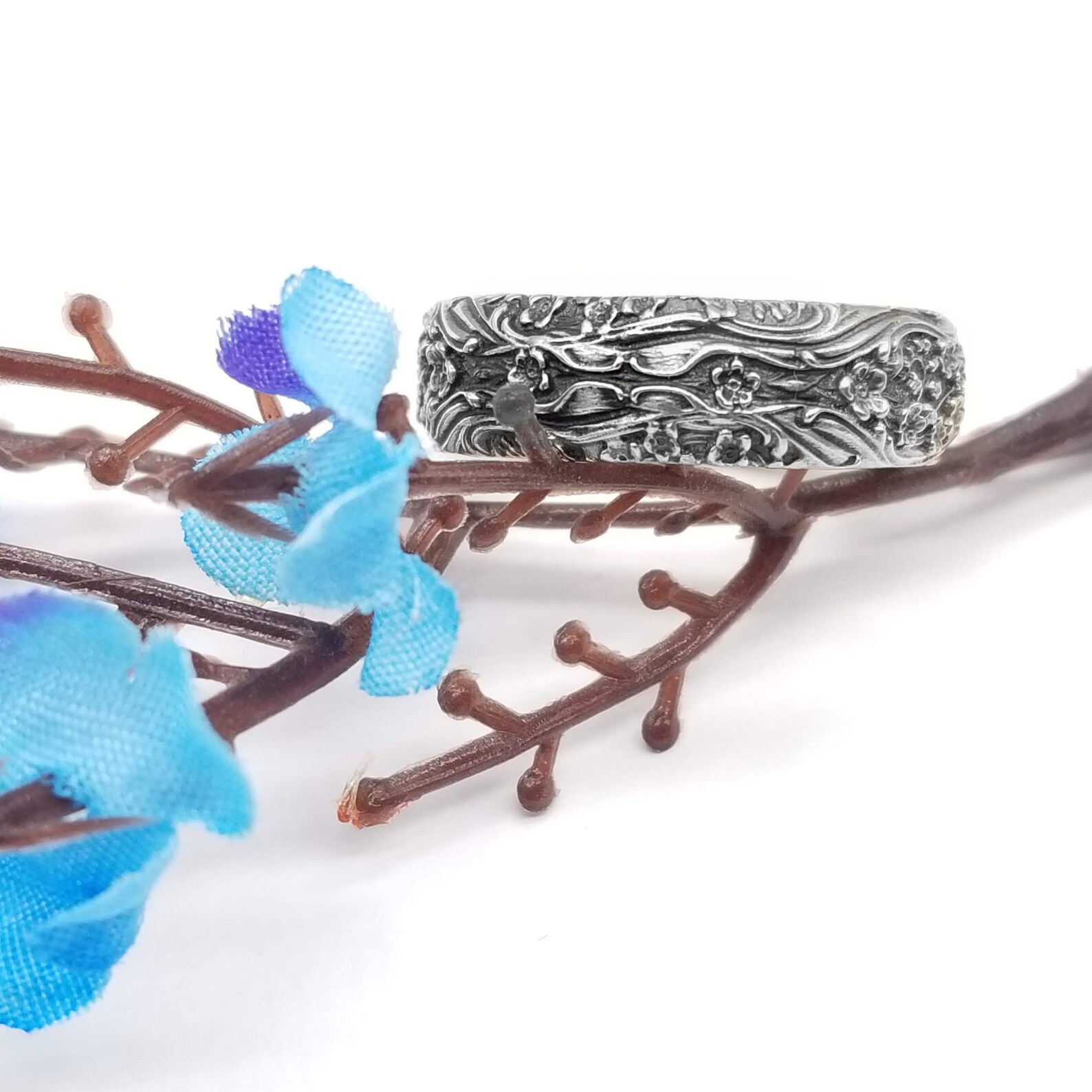 Forget-me-not Wedding Ring, Sterling Silver Art Nouveau Ring, Flower ...