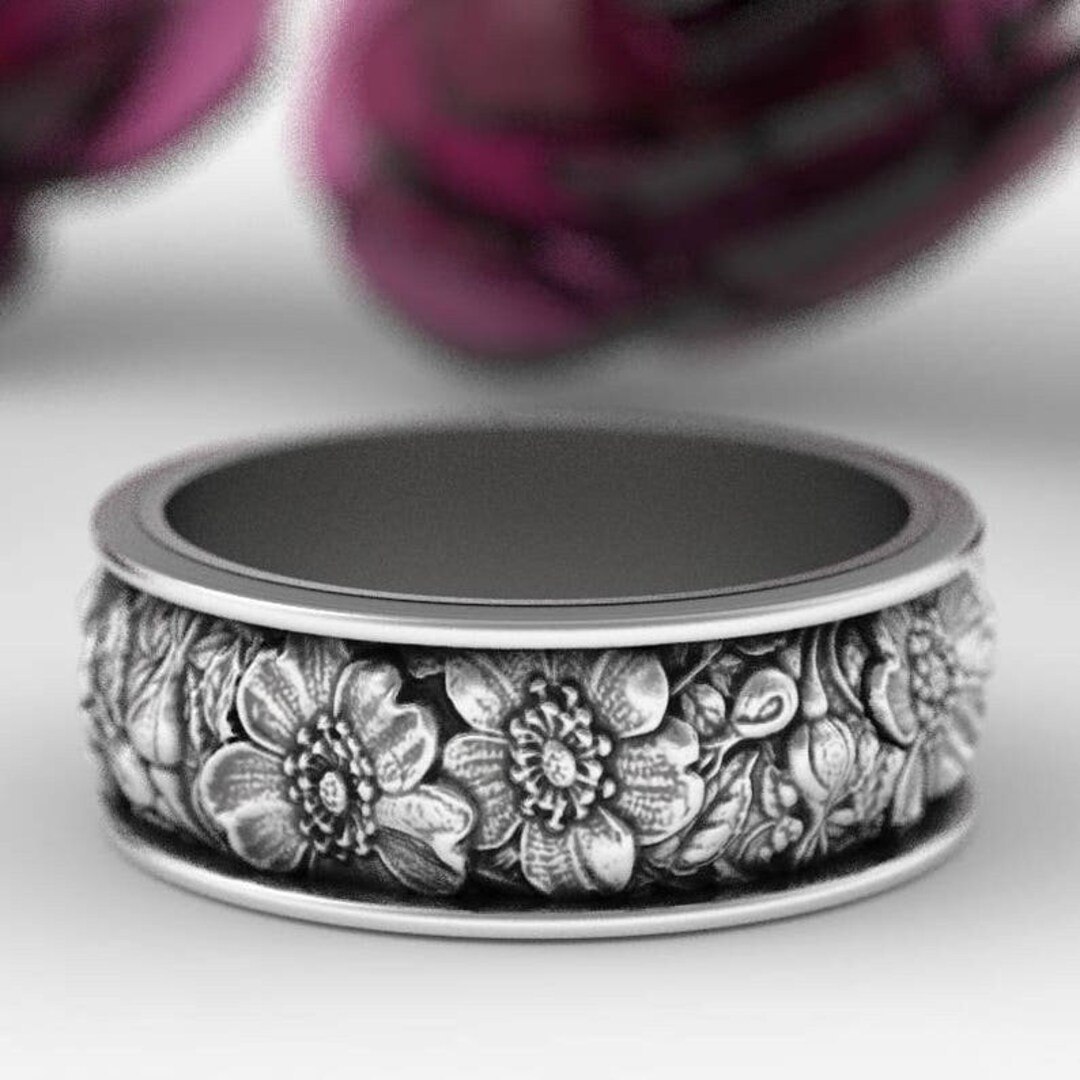 Sterling Rose Ring, Flower Wedding Band, Rose Ring, Nature Wedding Ring ...