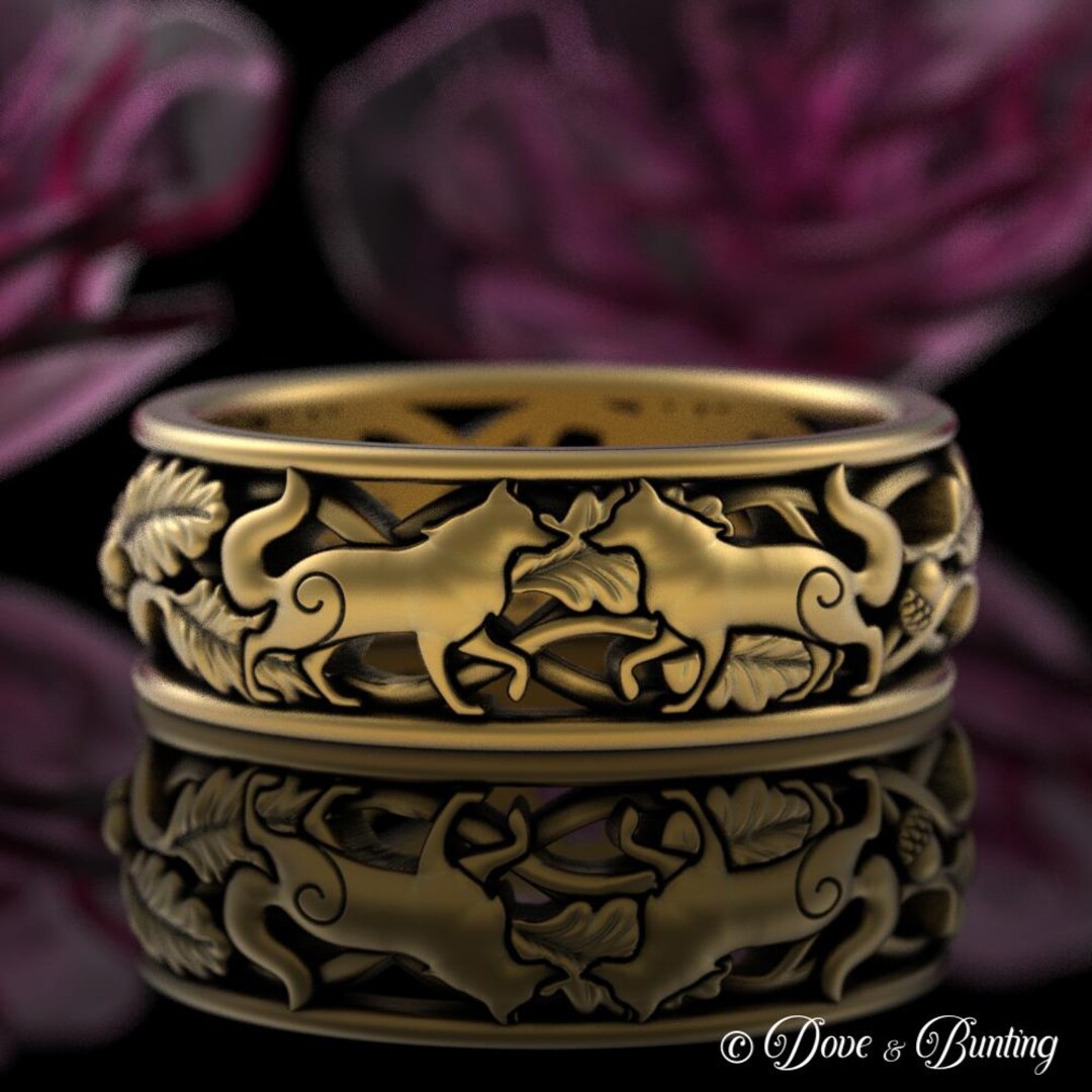 Mens Two Wolves Wedding Ring in Gold, 10K 14K 18K Wolf Soulmates ...