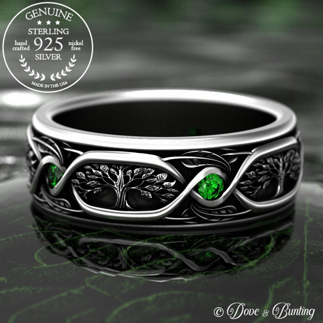 Sterling Groom Tree Ring, Silver Mens Botanical Wedding Band, Emerald ...