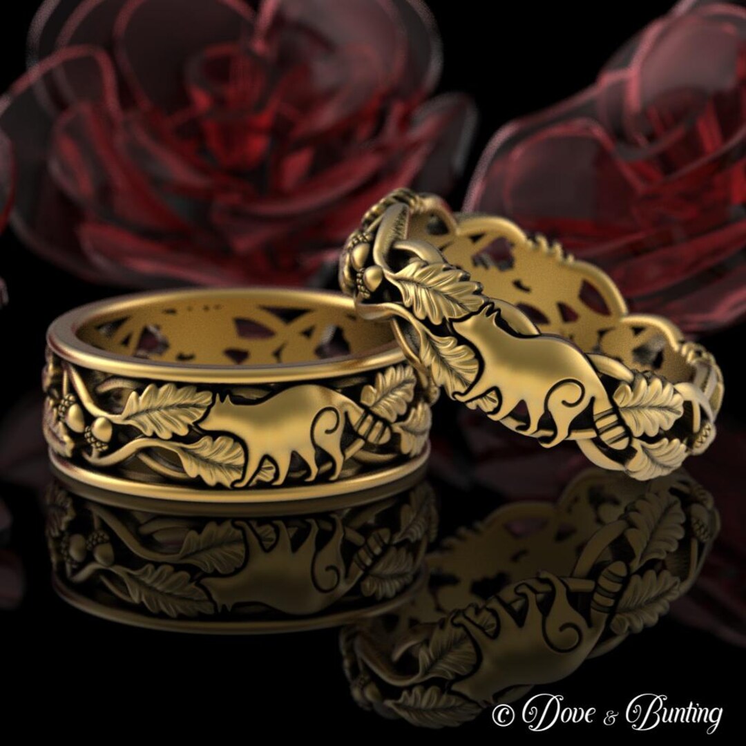 10K Gold Raccoon Wedding Ring Set, 14K Matching Soulmate Animal Wedding ...