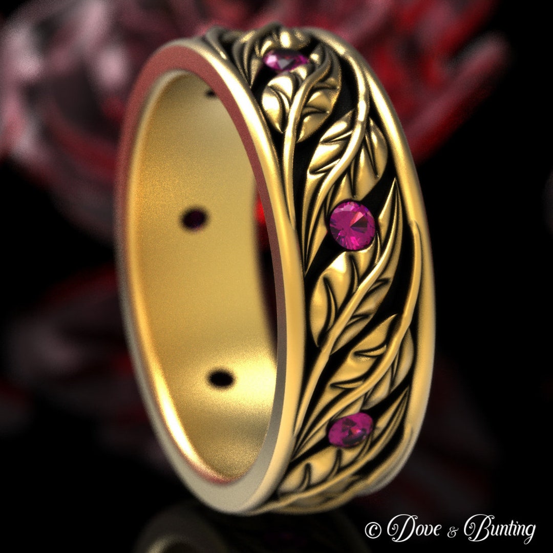 Ruby & 10K Gold Leaves Wedding Band, 14K 18K White Gold Nature ...