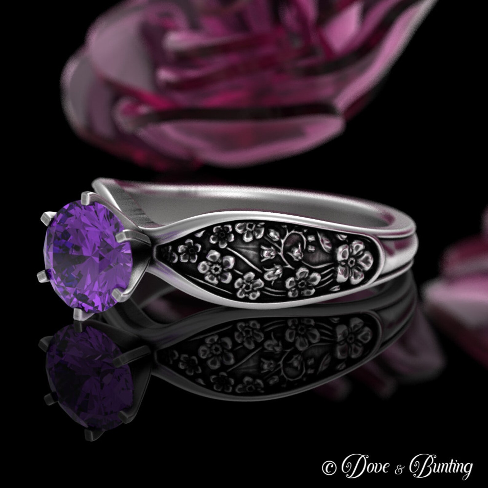 Amethyst Forget-me-not Engagement Ring, Bridal Flower Wedding Ring ...